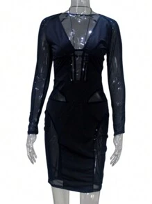 Mesh Panel Bodycon Dress With Long Sleeves – Sheer Cutouts And Deep V ...