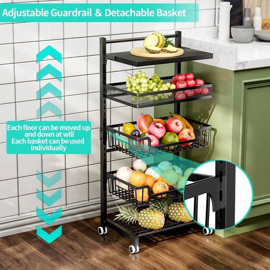 Fruit Basket Kitchen Cart - 5 Tier Adjustable Vegetable Storage Rack ...