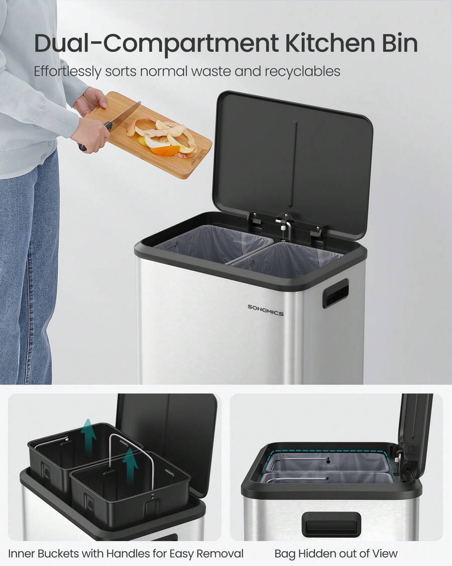 SONGMICS Kitchen Bin, 2 X 4 Gal. (2 X 15 L) Double Bin For Recycling ...