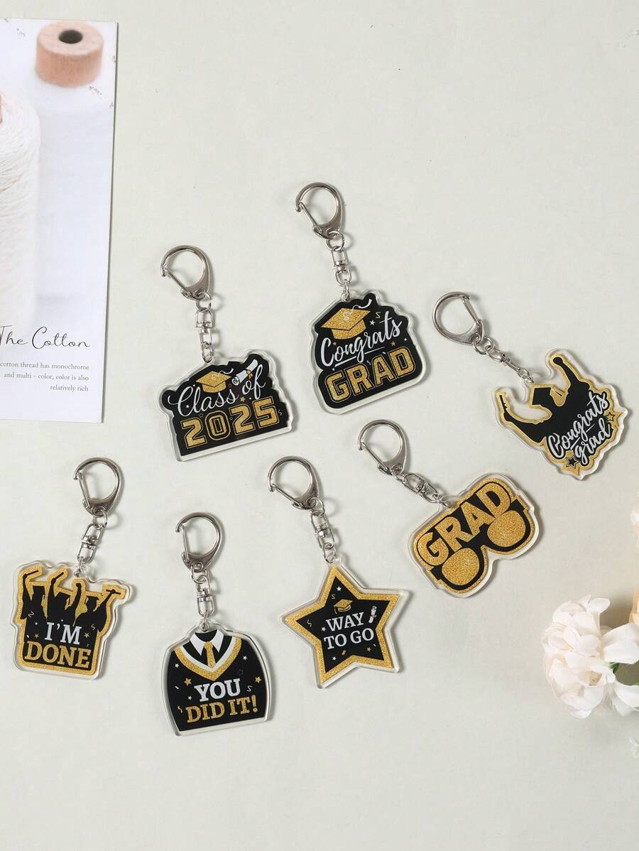 8pcs Graduation Theme Black Gold Keychain, 2025 Acrylic Keychain ...