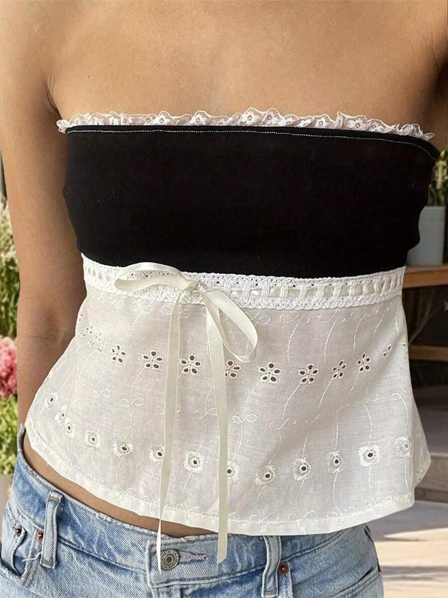 Women Y2k Tube Top Fairy Grunge Lace Trim Strapless Bandeau Lacing ...