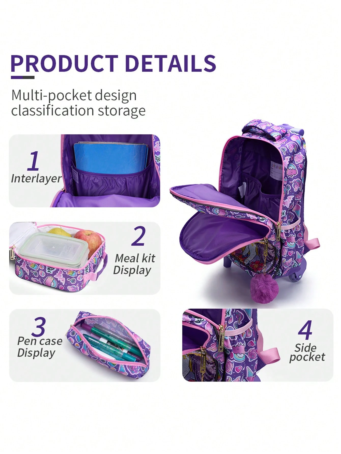 BLING BABIES 3PCS Set Rolling Backpack For Purple Cute Cartoon Moon ...