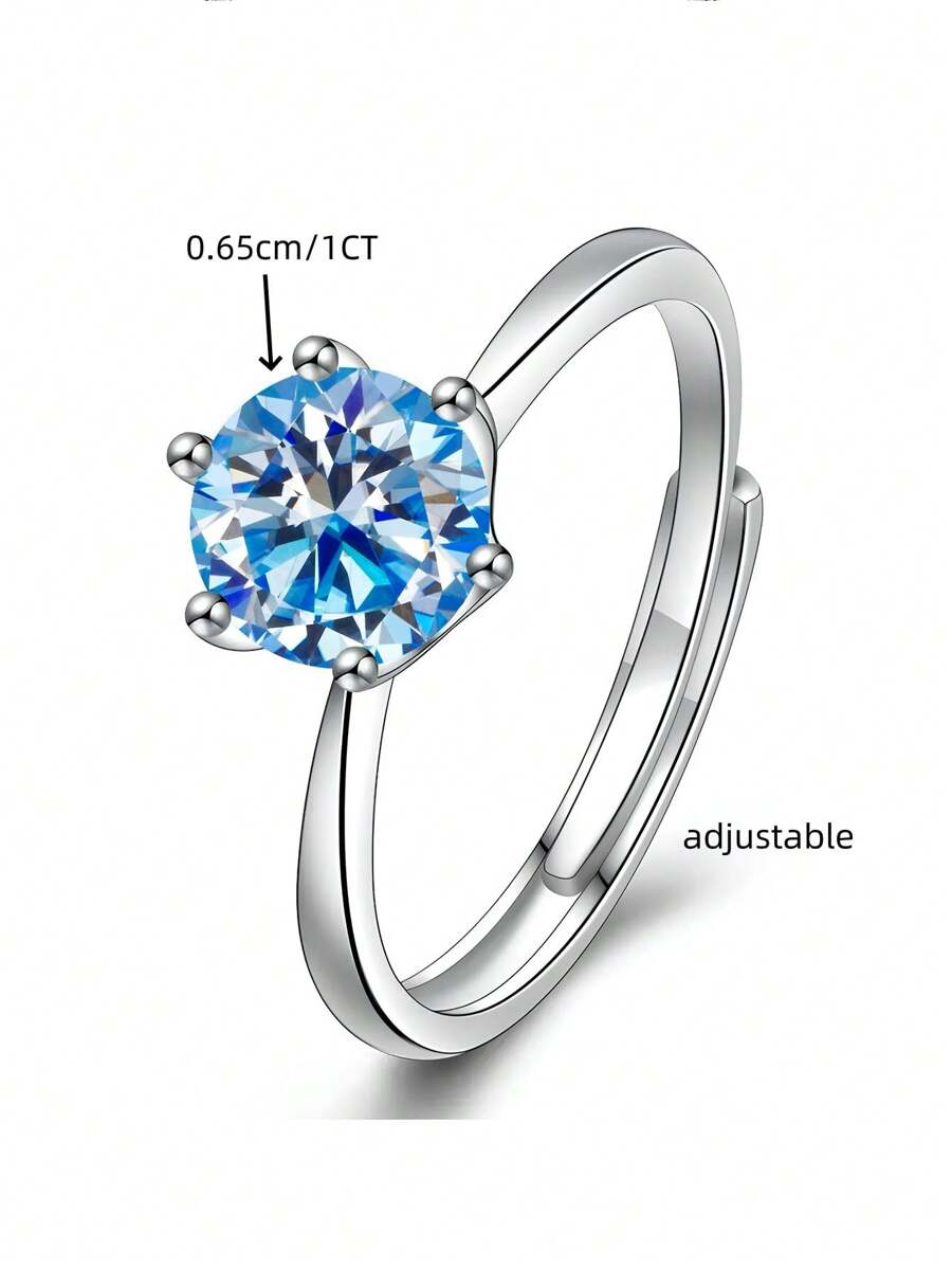 1PC 1CT Corte Redondo Cor Azul Moissanite Diamante Com Anel De Prata S925 Joias Finas Para ...