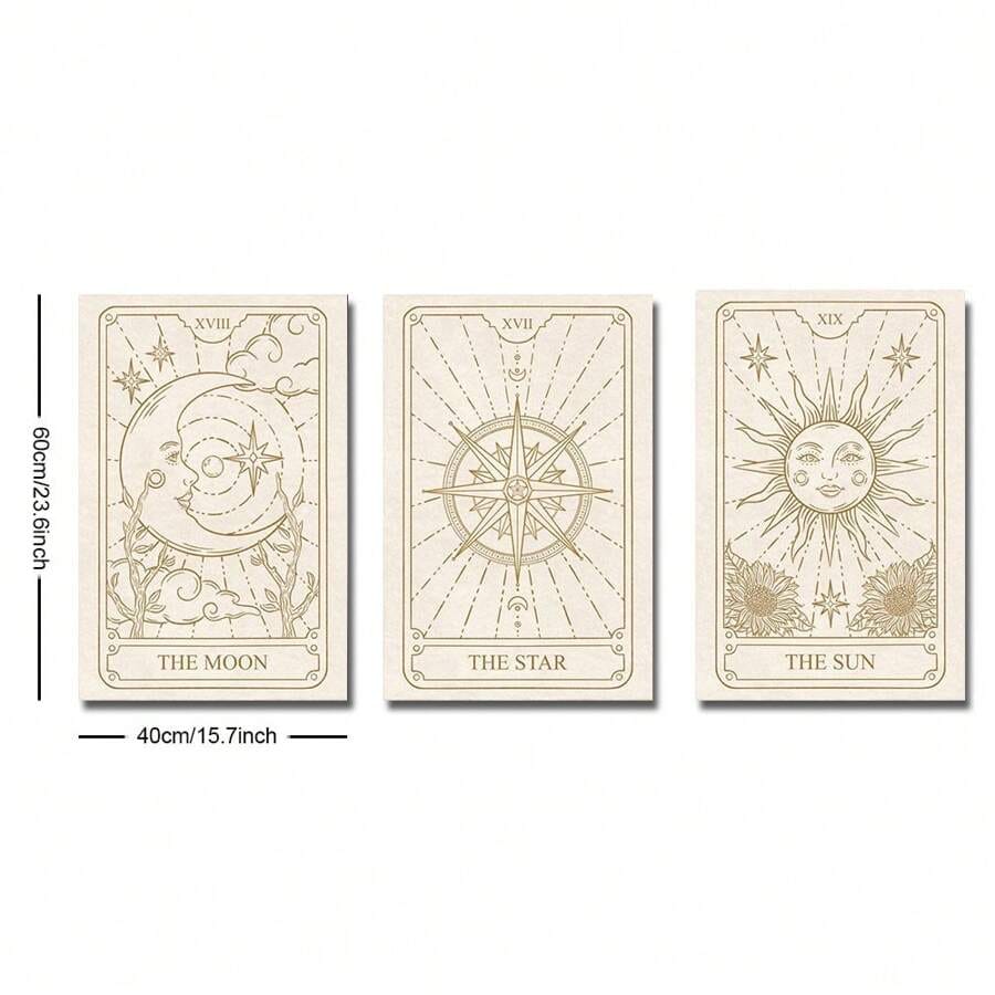 3-Piece Set, Retro Tarot Card Art Posters, The Sun, The Moon, The Star ...