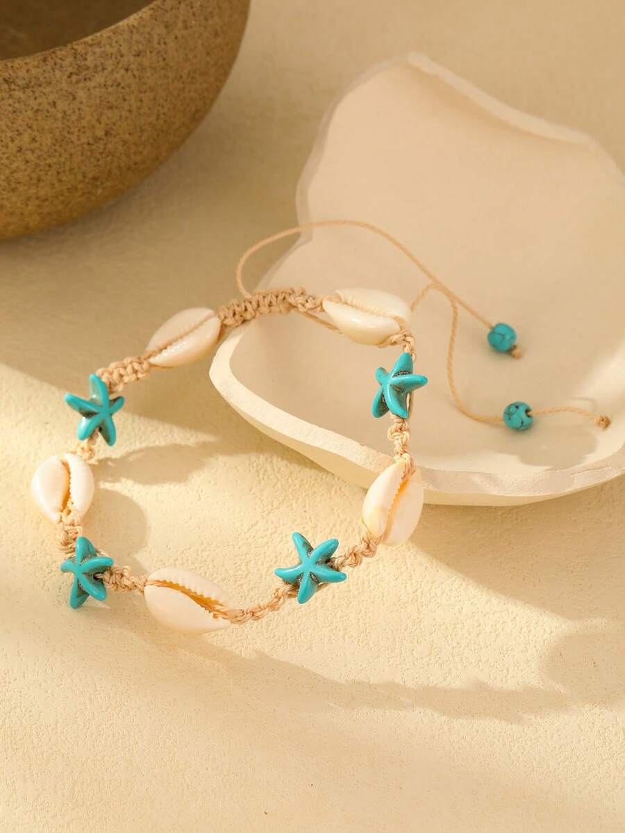 1pc Women's Bohemian Style Woven Natural Seashell, Turquoise, Starfish ...