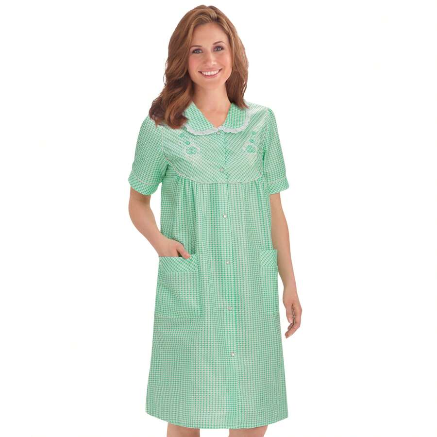 Gingham Robe With Floral Accents, Snap-Front Closure And Lace Trim ...