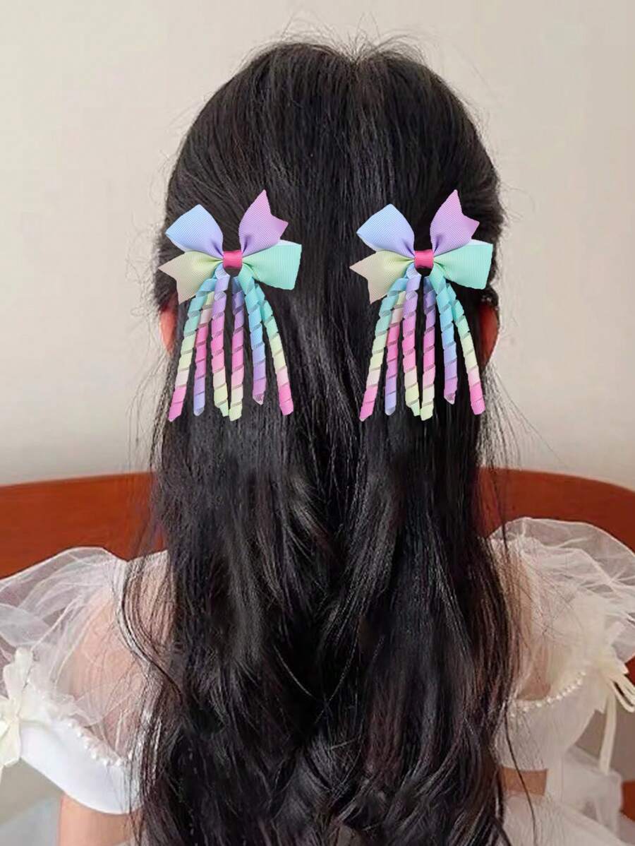 2pcs Rainbow Gradient Pinwheel Hair Bows For Girls Curly Tassel Bow ...