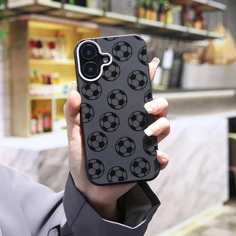 Soccer 1pc Black Genuine Leather Textured Football Pattern Phone Case ...