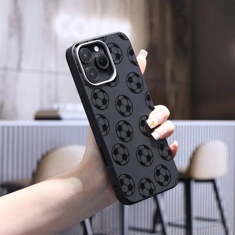 Soccer 1pc Black Genuine Leather Textured Football Pattern Phone Case ...