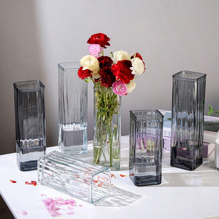 1pc Straight Glass Vase, Tall Transparent Flower Vase, Square ...
