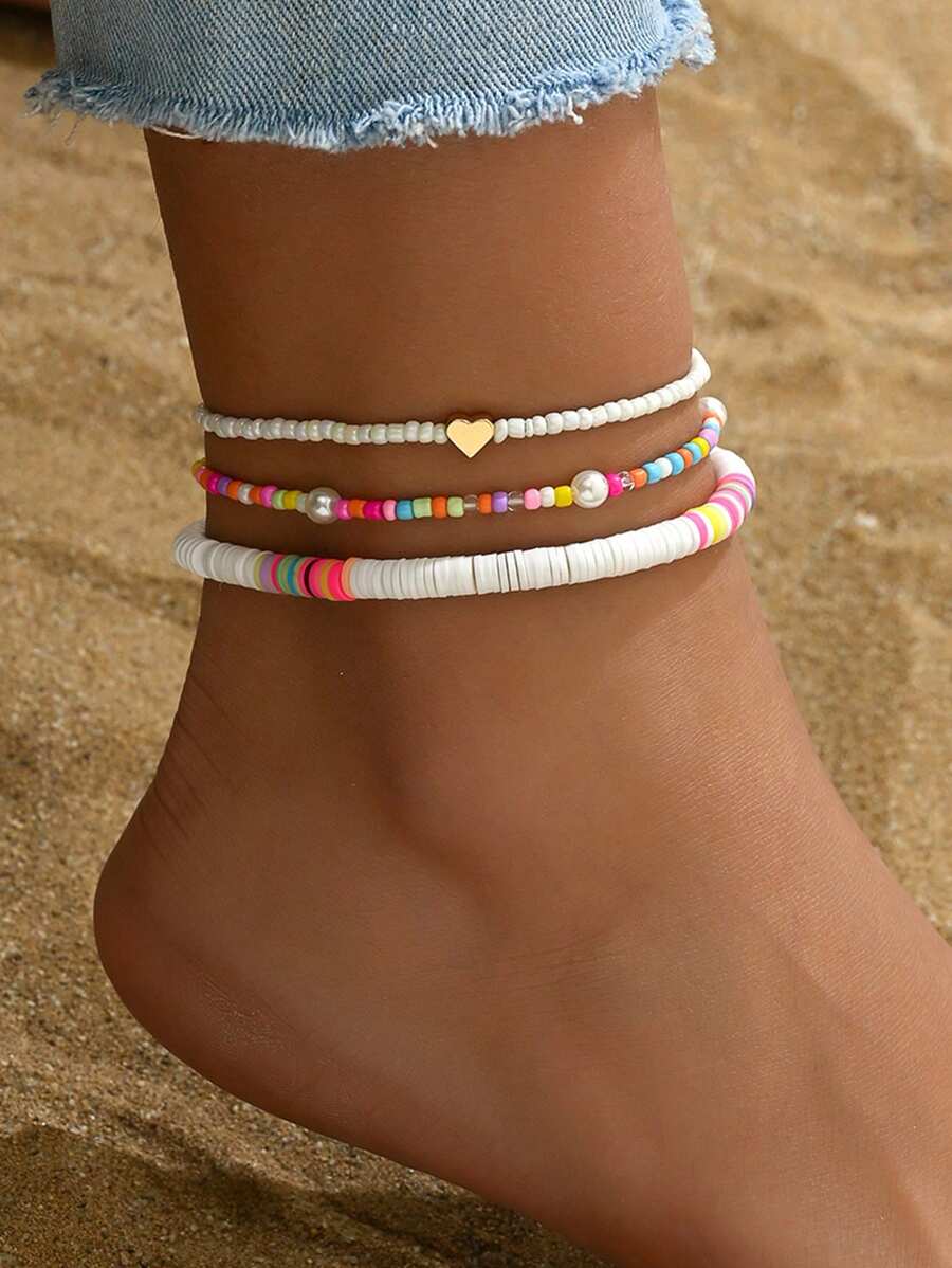 3pcs/Set Lovely Colorful Glass Beaded Polymer Clay Anklet, Multilayer Charm Ocean Style Anklets ...