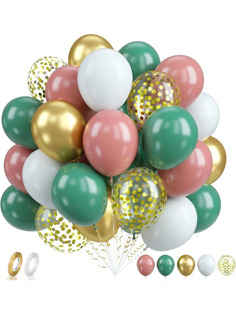 27Pcs 12 Inch Dusty Retro Pink Bean Green Balloons, White Gold Metallic ...