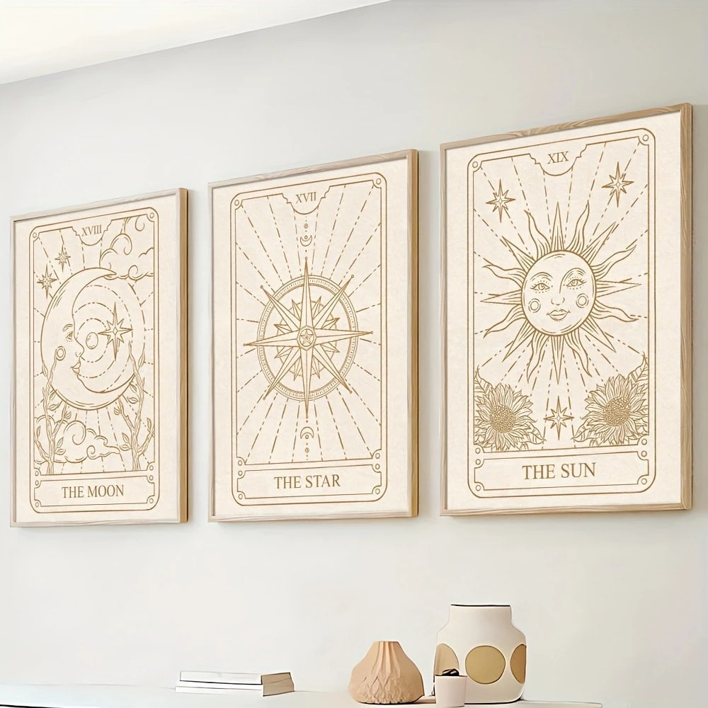 3-Piece Set, Retro Tarot Card Art Posters, The Sun, The Moon, The Star ...