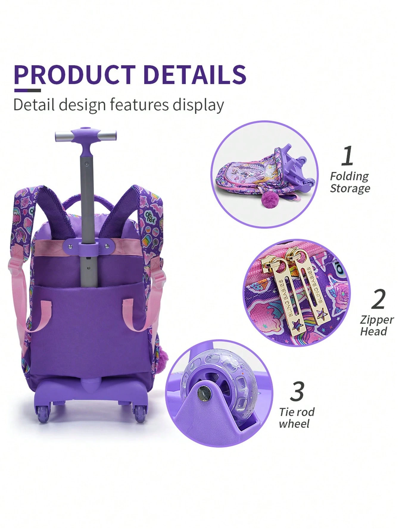 BLING BABIES 3PCS Set Rolling Backpack For Girls Purple Cute Cartoon ...