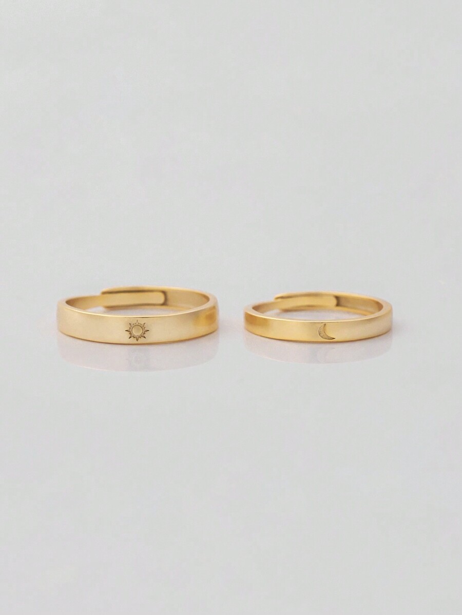 IN Z 1 Pair Of Sun Moon Love S925 Pure Silver Plated 14K Couple Rings With Adjustable Opening ...