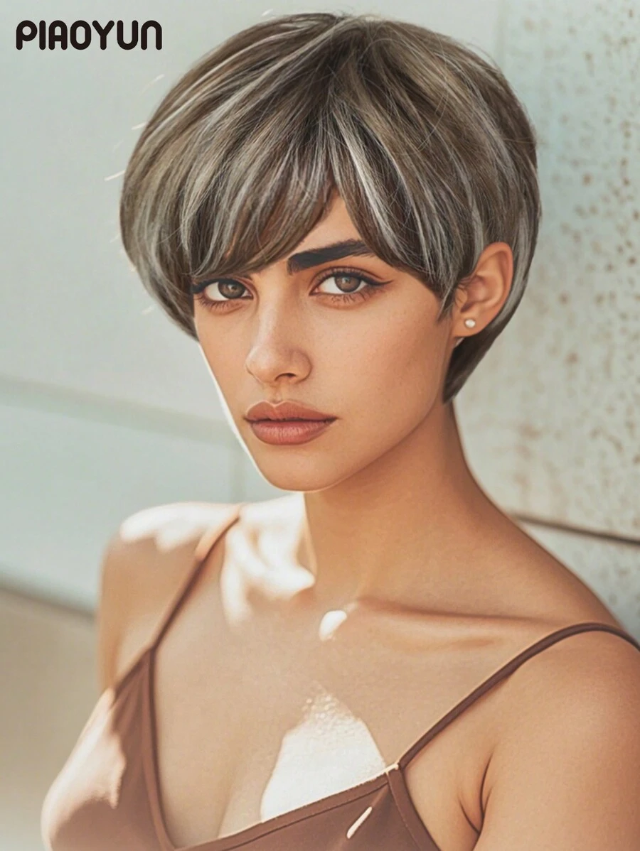 PIAOYUN Brown Wig Mix White Highlight Hair Pixie Cut Wig For Women 10 ...
