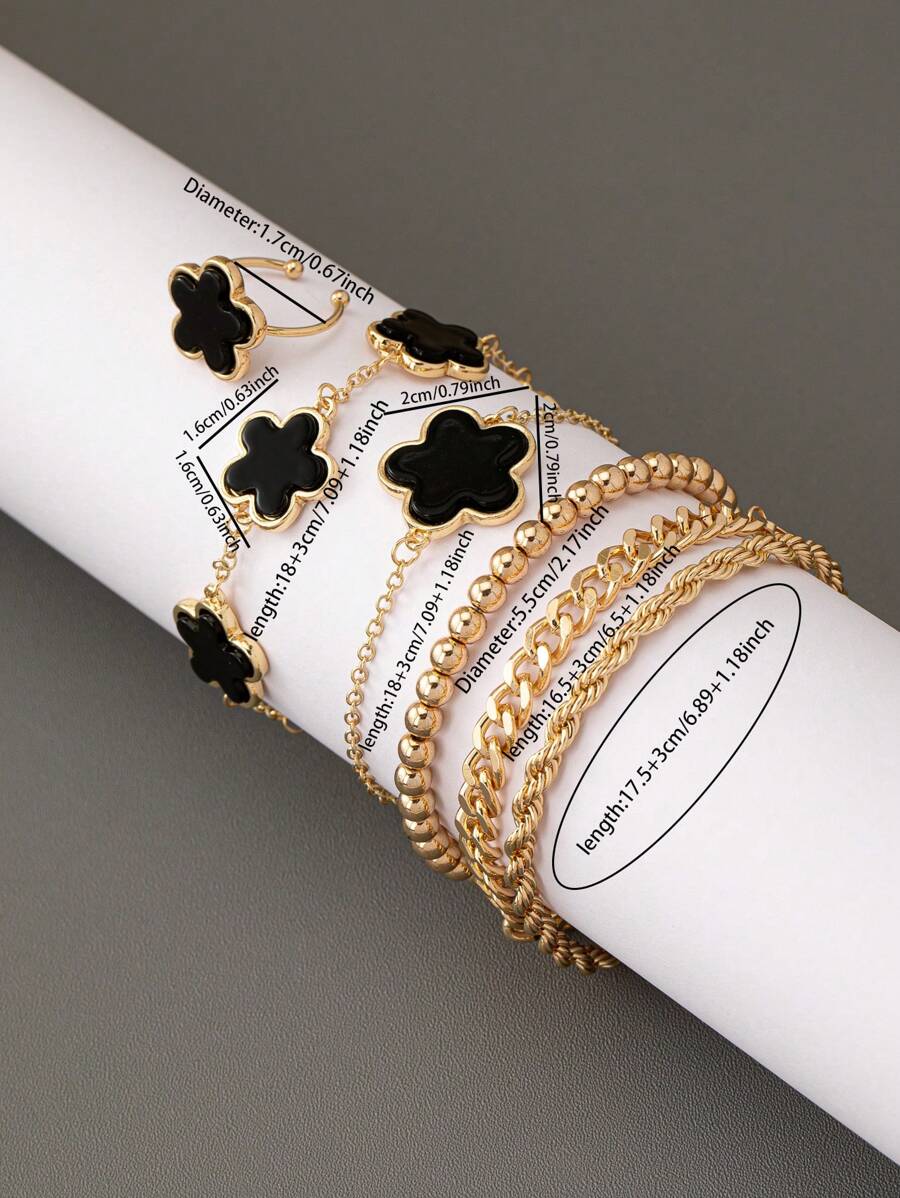 6 Pcs Lucky Clover Decor Chain Bracelets Set Flower Ring Bracelet Set ...