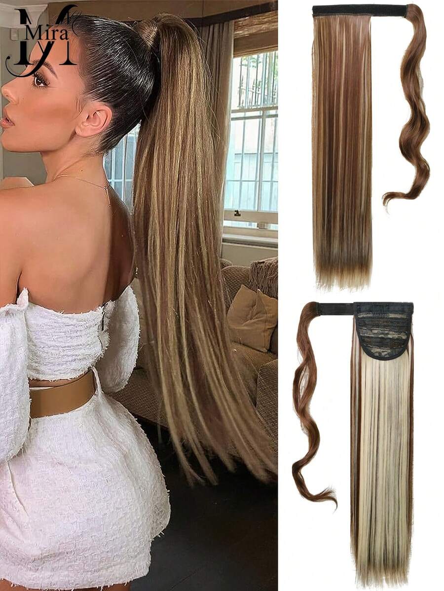 Straight Long Ponytail Extensions 24 Inch Black Brown Wrap Around ...