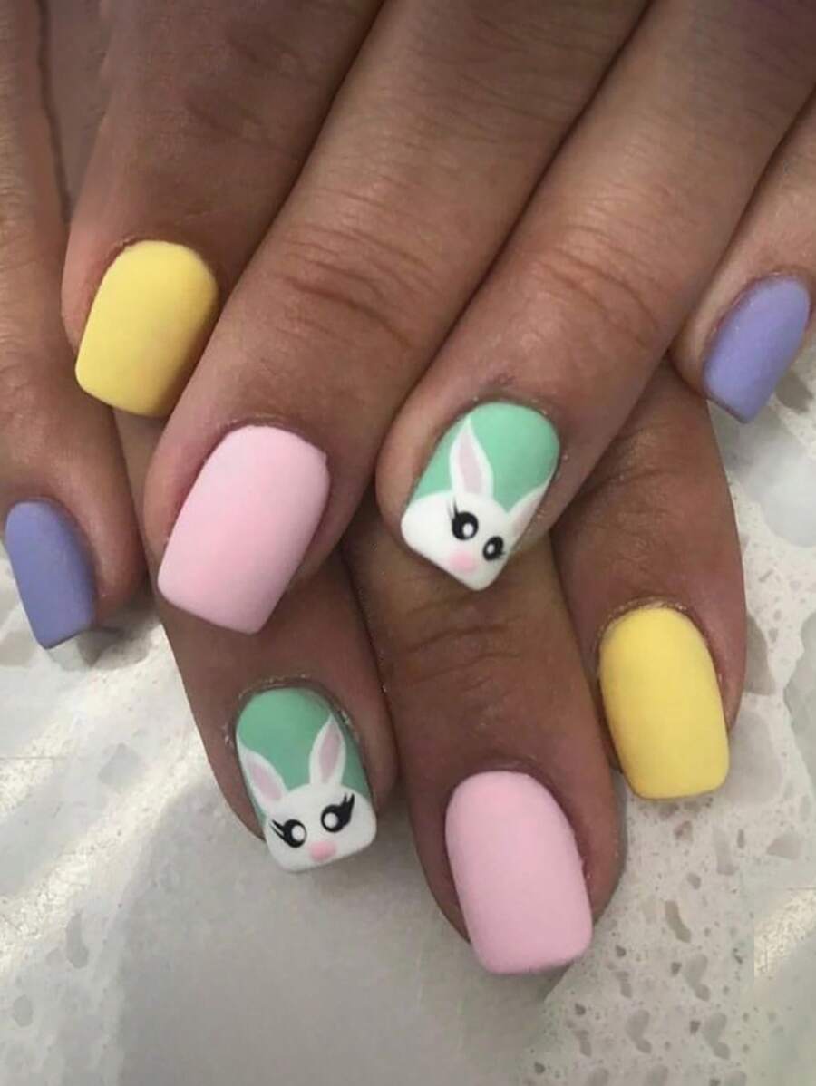 24Pcs Short Square Nails, Creative Easter Bunny Color Fake Nails Nail ...