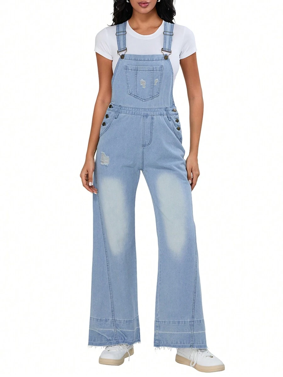 Women Denim Bib Overalls Washed Ripped Baggy Flared Jean Jumpsuit ...