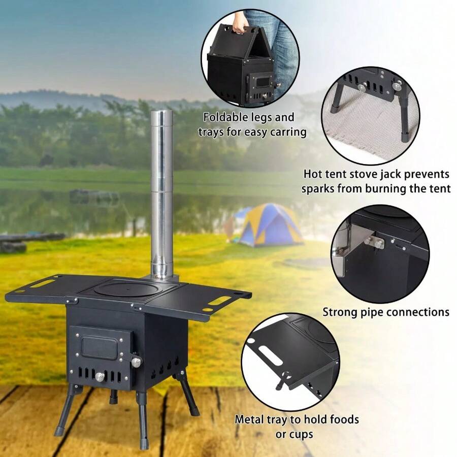 Portable Camping Wood Stove With Chimney Pipes - Efficient Wood Burning ...