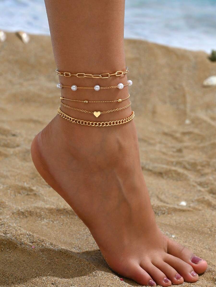 4pcs/Set Faux Pearl Minimalist Gold Tone Chain Anklet Jewelry Set ...