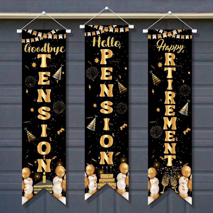 3 Pcs Happy Retirement Party Decorations Black Gold Goodbye Tension ...