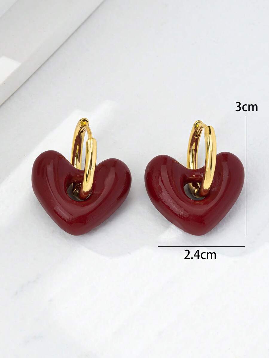 1 Pair Gold-Plated Red Heart Hoop Earrings, Detachable Design For ...