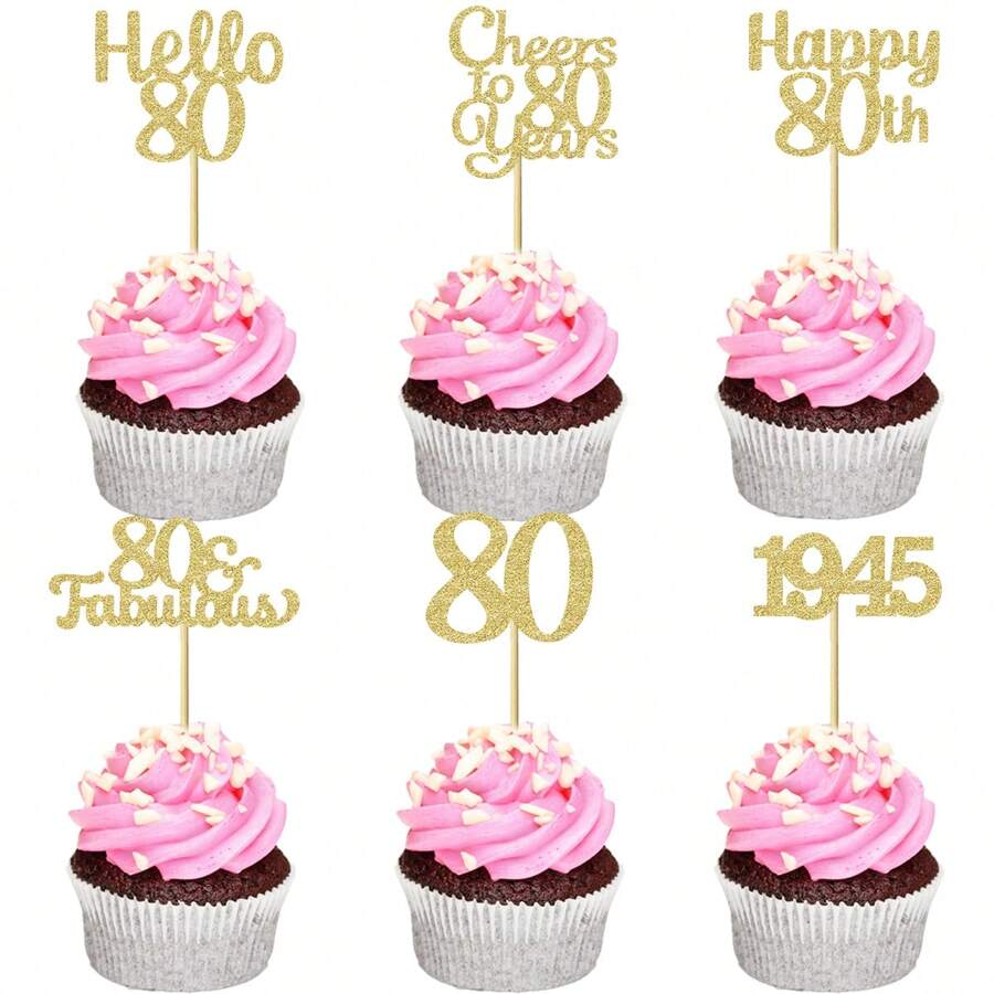12Pcs Happy 80th Birthday Cupcake Toppers Glitter Eighty Cheers To 80 ...