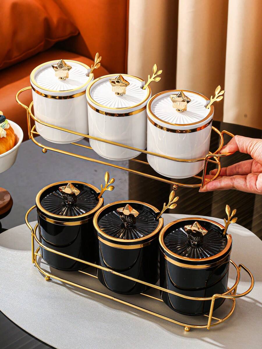 4pcs/Set (1 Holder + 3 Canisters With Spoons) Plastic Household Living ...