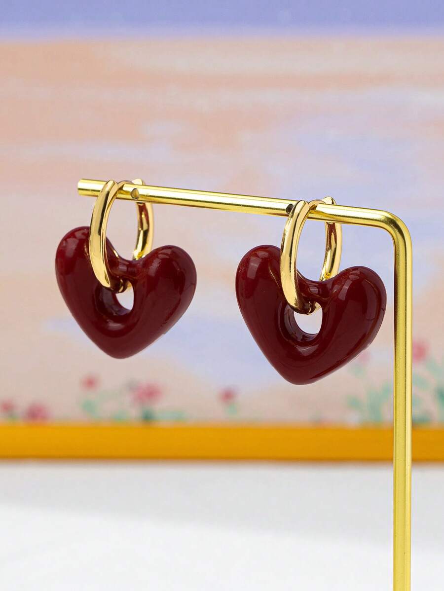 1 Pair Gold-Plated Red Heart Hoop Earrings, Detachable Design For Holiday, Wedding & Daily Wear ...