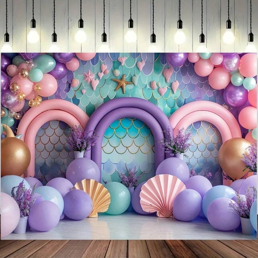Mermaid Princess Theme Birthday Backdrop, Purple Balloon & Seashell ...