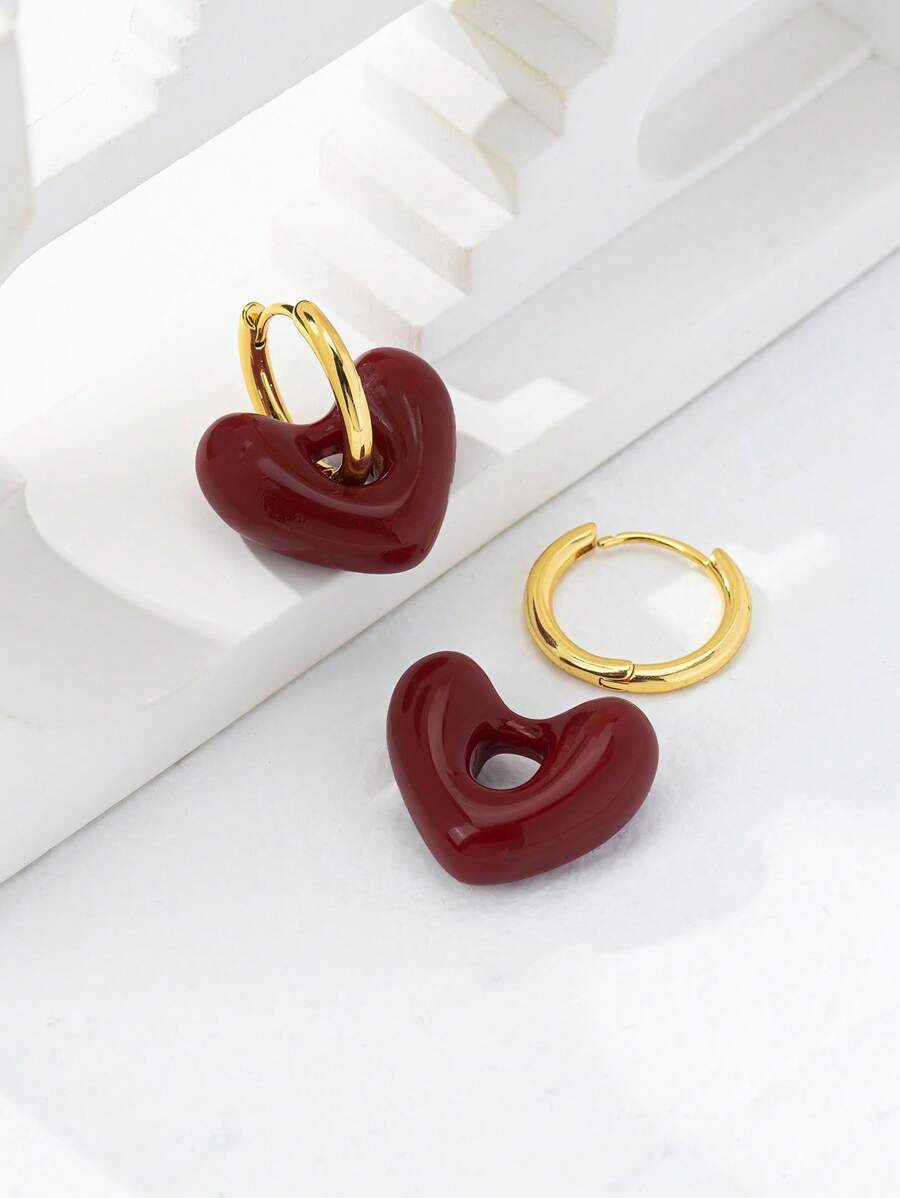 1 Pair Gold-Plated Red Heart Hoop Earrings, Detachable Design For Holiday, Wedding & Daily Wear ...