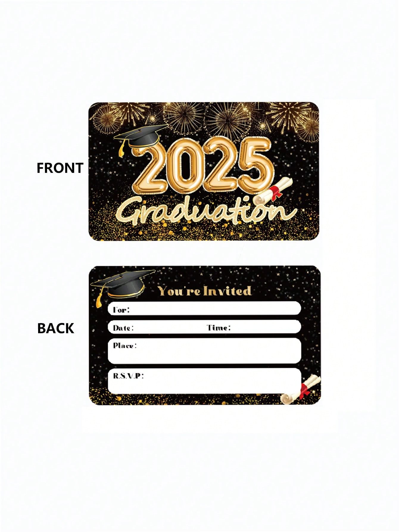 6 Pcs/Set Of New Black Gold Theme 2025 Graduation Season Invitation ...
