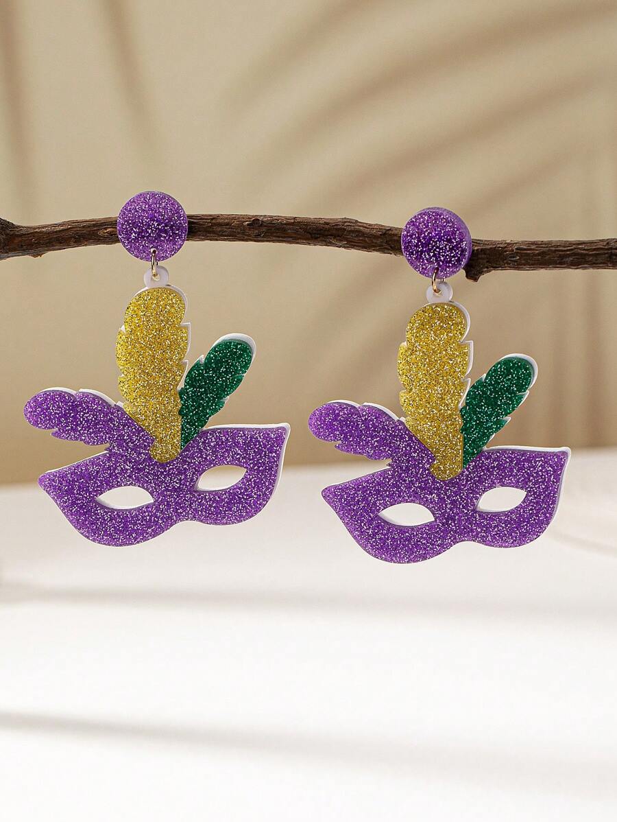 1 Pair Glitter Acrylic Mardi Gras Fat Tuesday Letters Parade Mask Clown ...