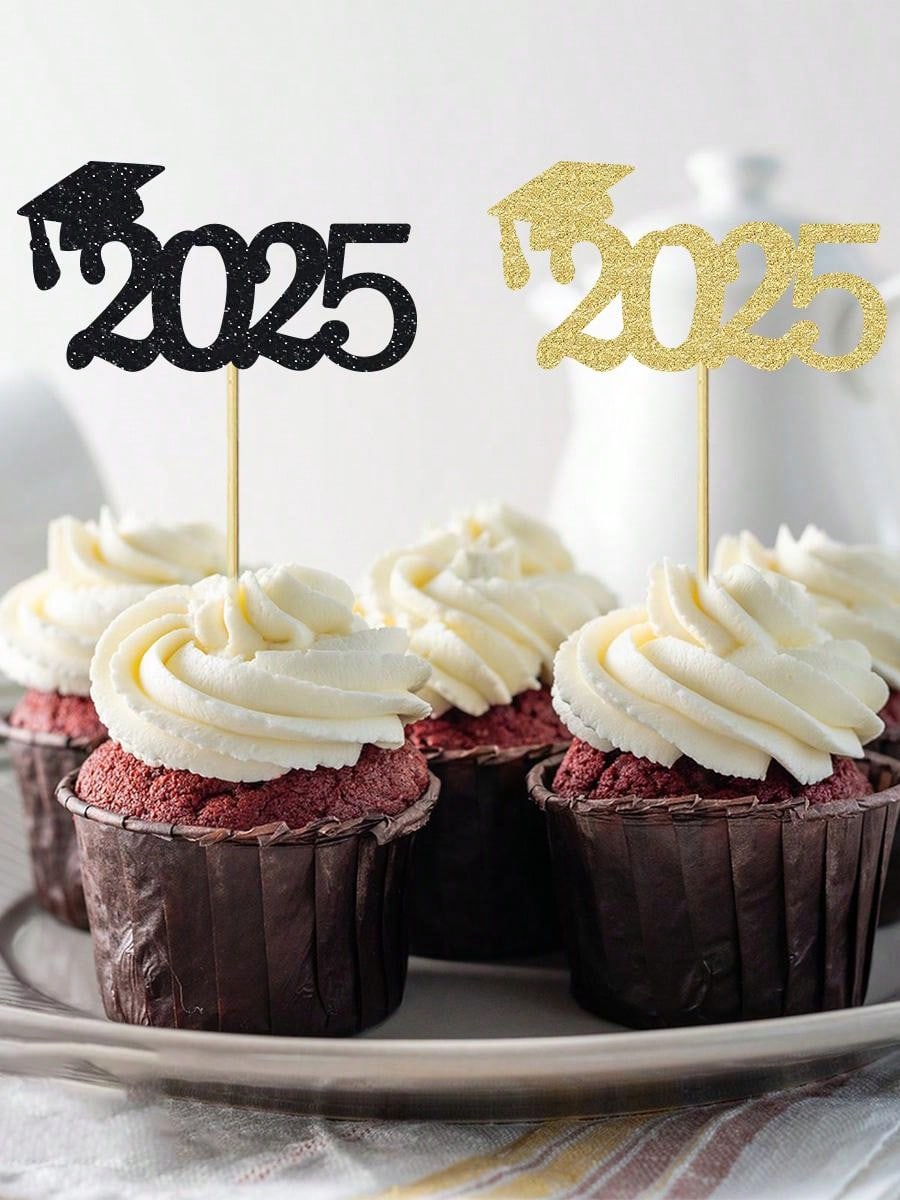 12Pcs Glitter 2025 Graduation Cap Cupcake Toppers Class Of 2025 Grad ...