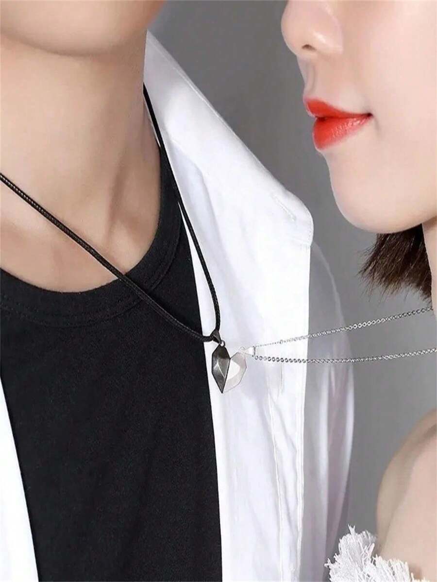 2 Sets Couples Style Black Rope Magnetic Metal Heart Pendant Necklaces ...