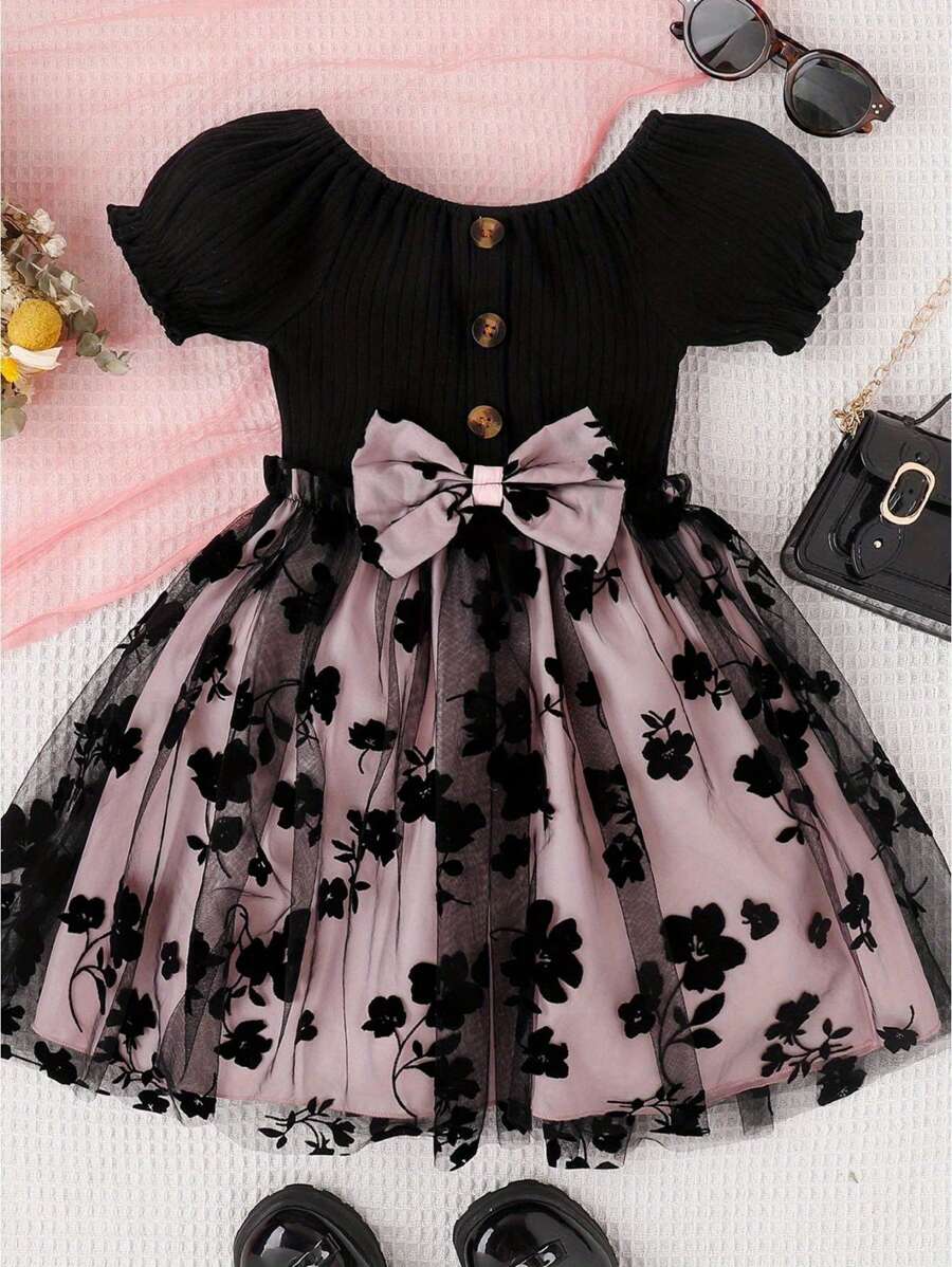 Kids Girls A-Line Dress, Short Sleeve Crew Neck Flower Bow Tulle ...