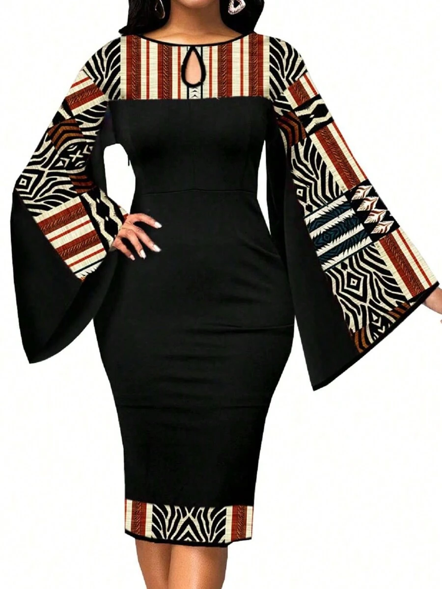 African Dresses For Women Bell Sleeve Print Casual Dress Elegant ...