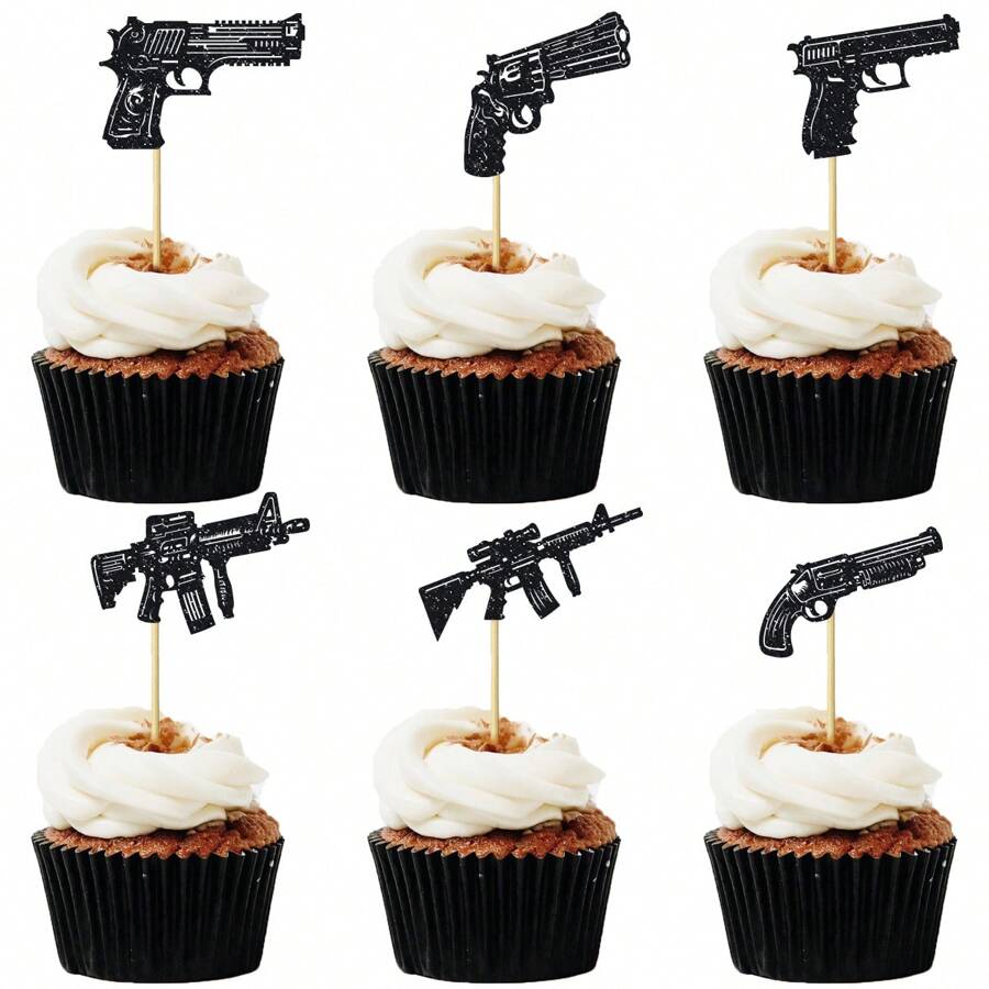 12Pcs Gun Cupcake Toppers Preto Glitter Gun Pistol Shooting Themed ...