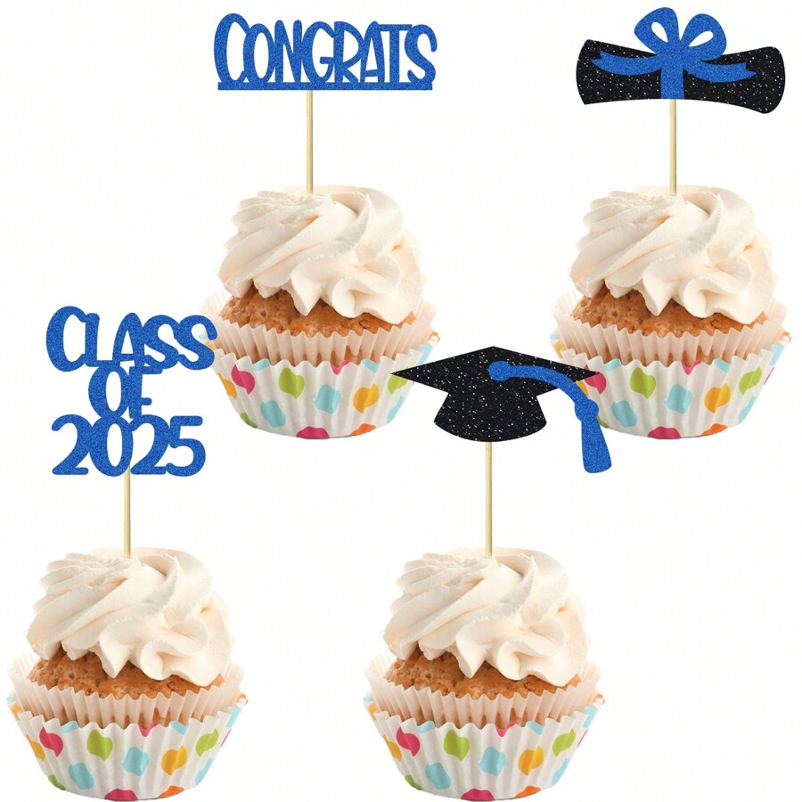 12Pcs 2025 Graduation Theme Cupcake Toppers Glitter Diploma Congrats ...