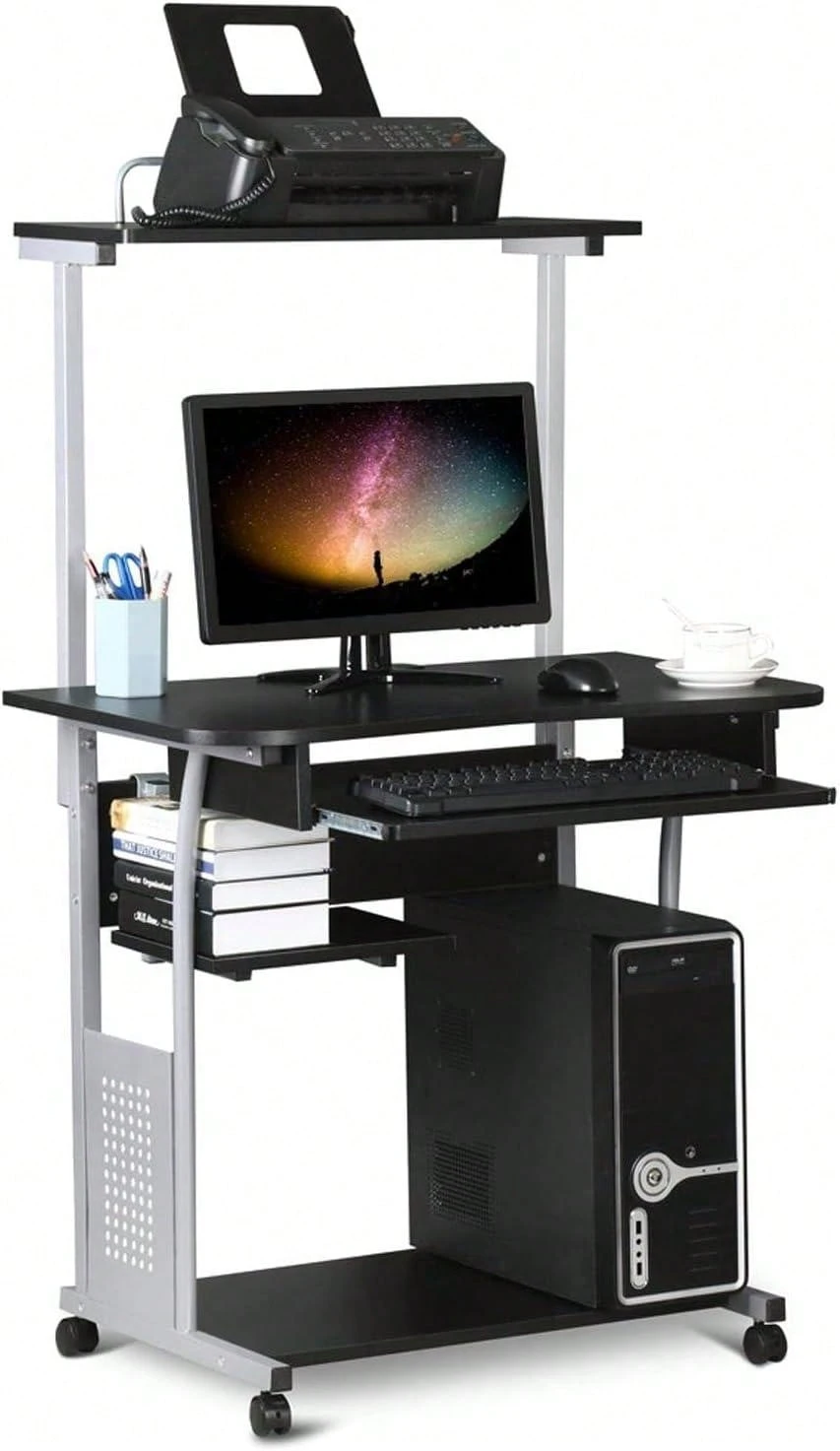 3 Tiers Mobile Computer Desk With Printer Shelf & Keyboard Tray Rolling ...