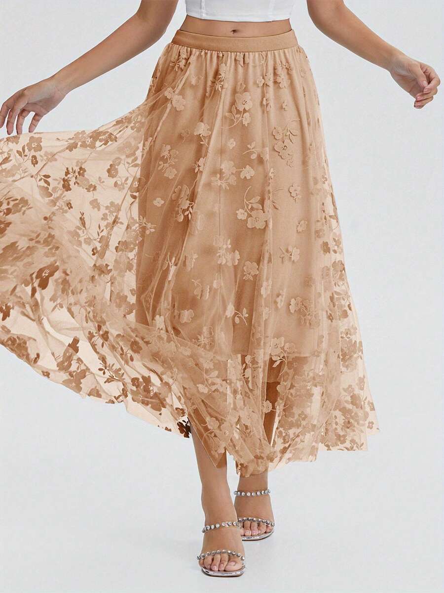 Women's Midi Skirt French Elegant Elastic Waist Velvet Floral A-Line ...