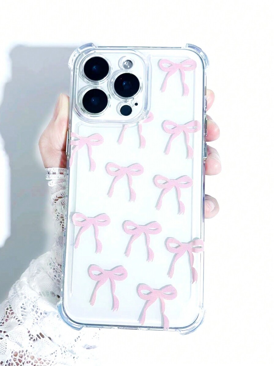 Bow-Knot Cute Pink Bow Phone Case, Thick Transparent TPU With Four Corners Shock Absorption ...