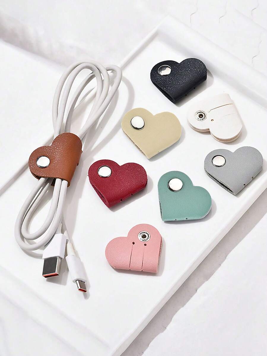 3pcs Heart-Shaped Cable Organizer, PU Leather Cord Tie Wrap, Data Cable ...