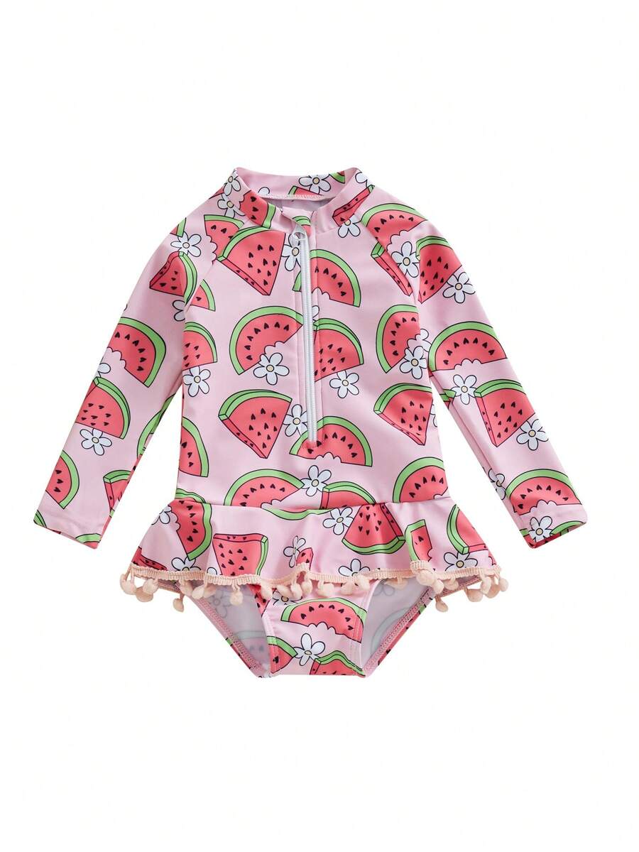 Toddler Girl Rash Guard Swimsuit Cute Floral Print Long Sleeve Zip Up Bathing Suit Swimwear ...