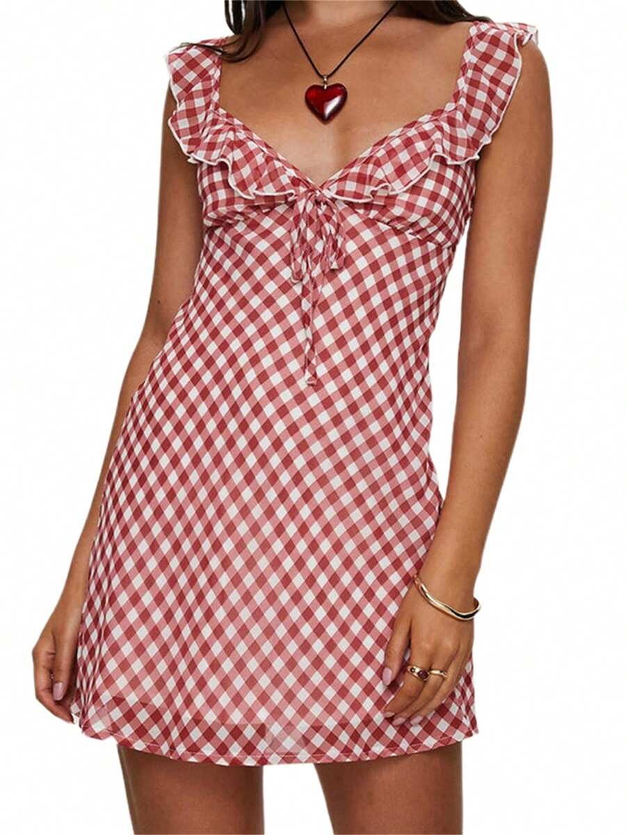 Women Mini Dress Plaid Tie-Up Front Ruffles Sleeveless V-Neck Dress ...