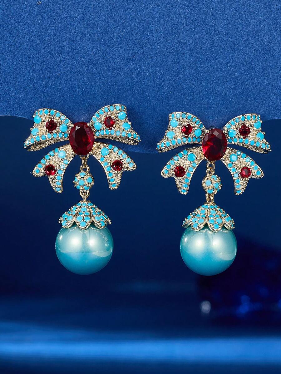 1 Pair Luxury Jewelry Style Copper Inlaid Cubic Zirconia Bow Faux Pearl ...