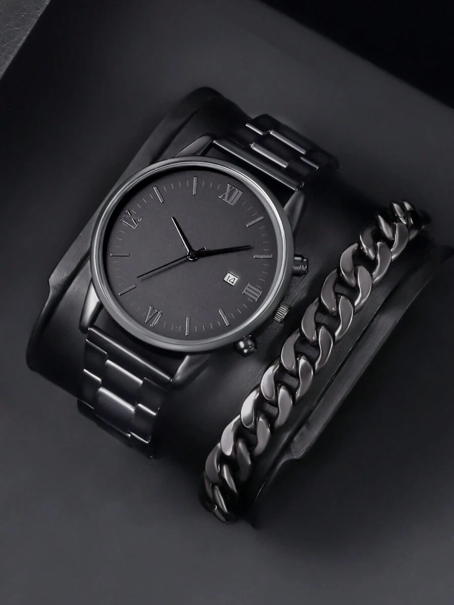 ECONOMICXI 2pcs Simple Dial Pointer Men's Watch And Bracelet Set, Gifts ...