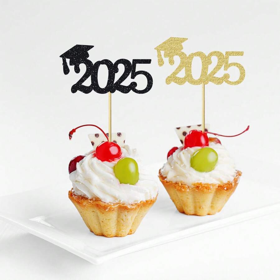 12Pcs Glitter 2025 Graduation Cap Cupcake Toppers Class Of 2025 Grad ...